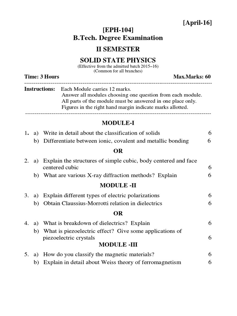 SOLID STATE PHYSICS EXAM | PDF | Semiconductors | Solid State Physics