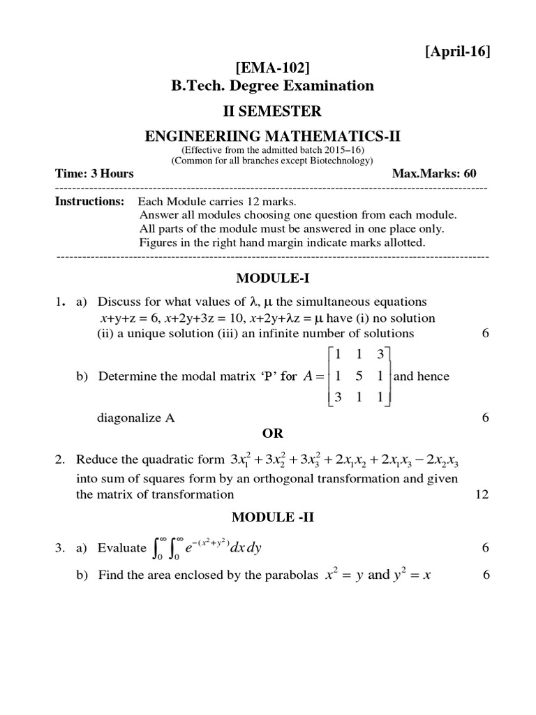 Engineering Math Exam Paper | PDF | Integral | Matrix (Mathematics)