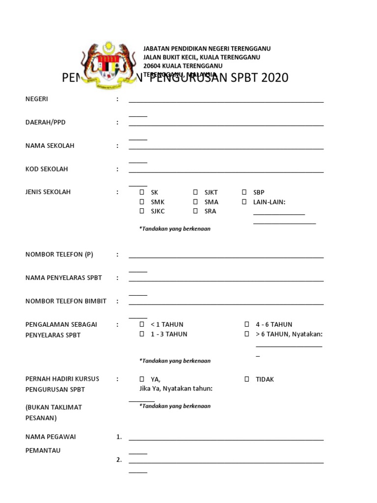 JPNT Instrumen Pemantauan Pengurusan SPBT Sekolah Tahun 2020 | PDF