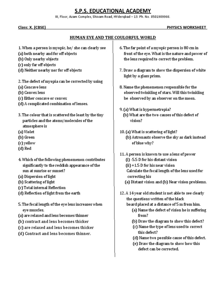 Class X Physics: Eye & Vision Worksheet | PDF | Eye | Human Eye