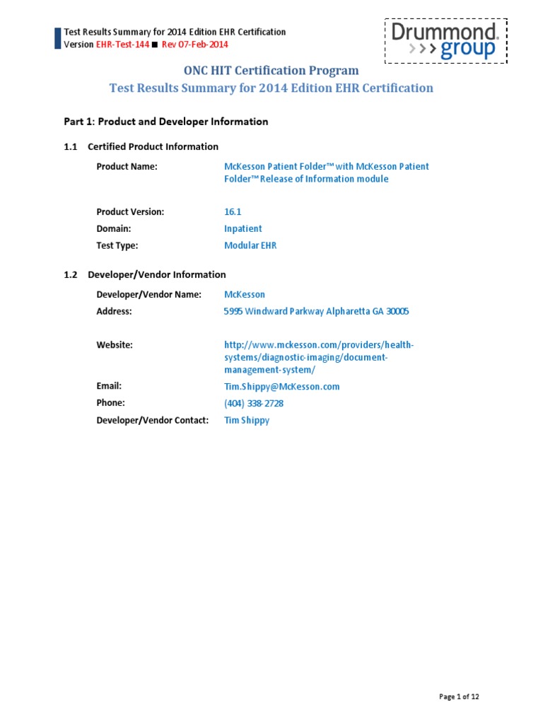 Test Results Summary For 2014 Edition EHR Certification: ONC HIT ...