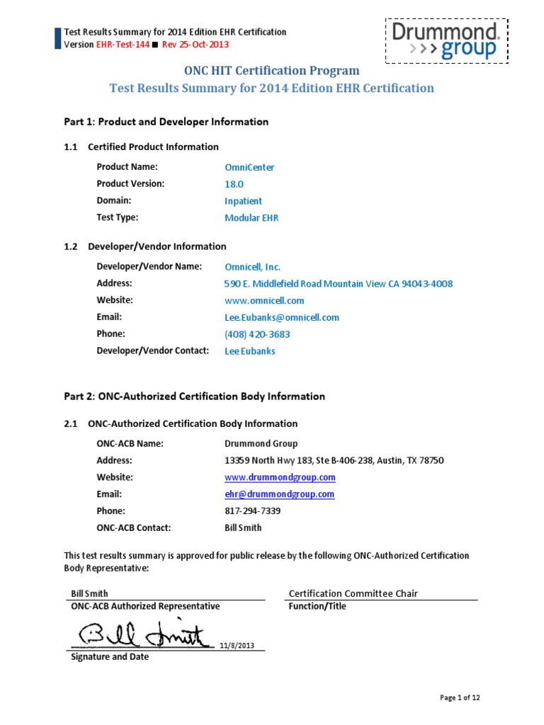 Test Results Summary For 2014 Edition EHR Certification: ONC HIT ...
