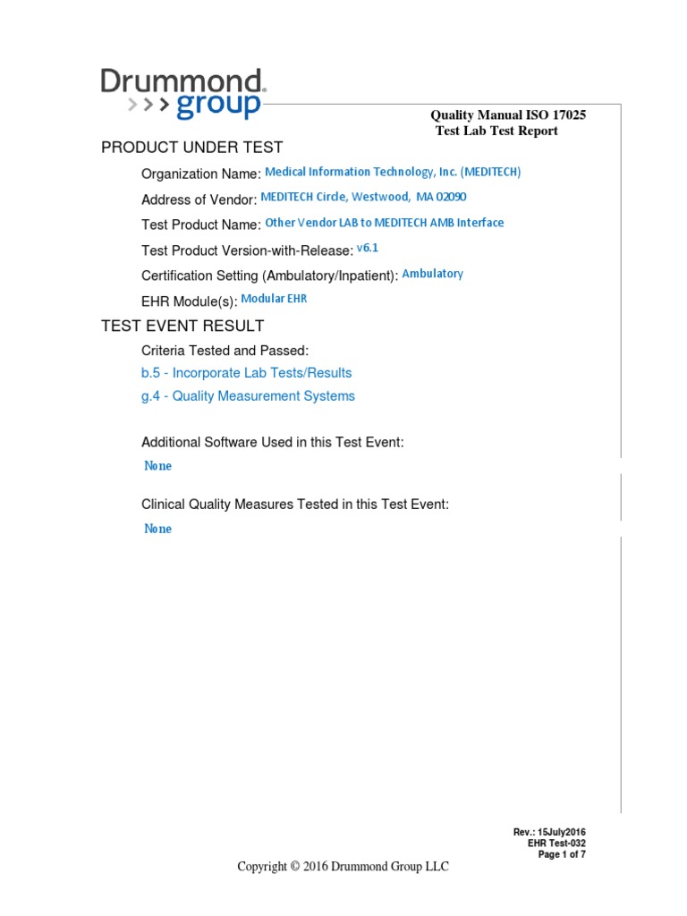 Test-Lab-Test-Report Meditech AmbLabInterface v61 18aug16-1 PDF | PDF