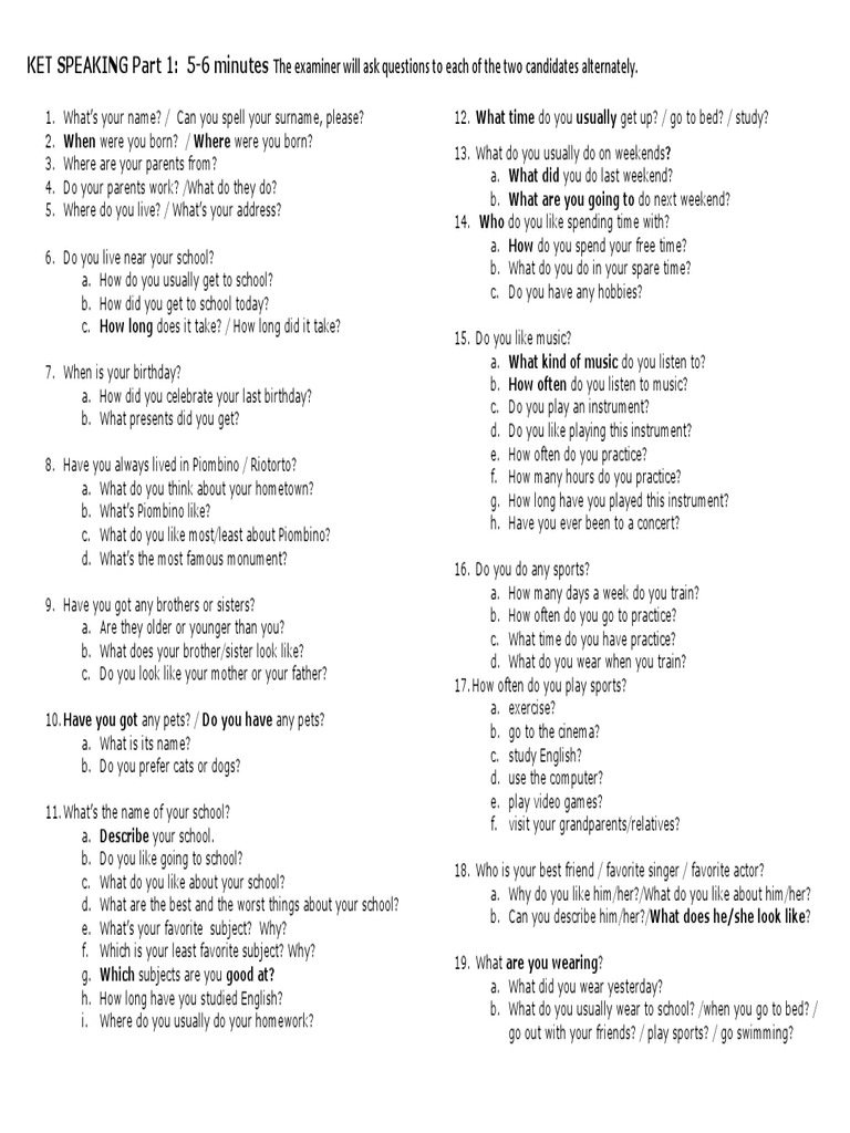 KET SPEAKING Part 1 - 2020 | PDF | Lunch | Foods