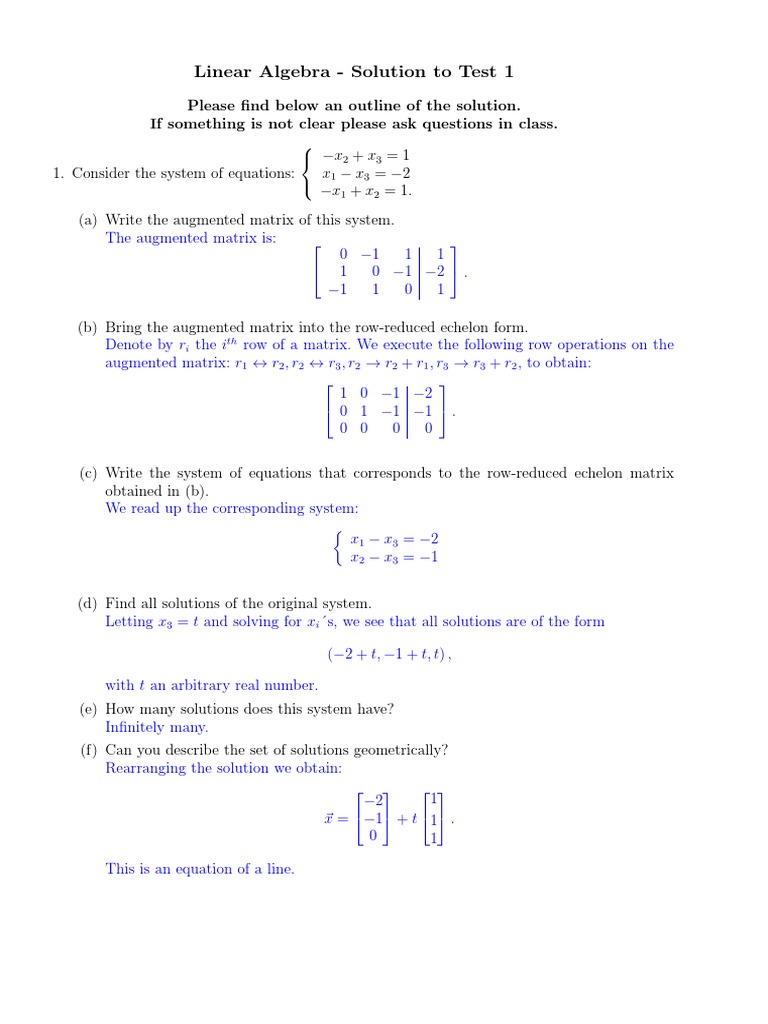 Linear Algebra - Solution To Test 1 | PDF | Plane (Geometry ...
