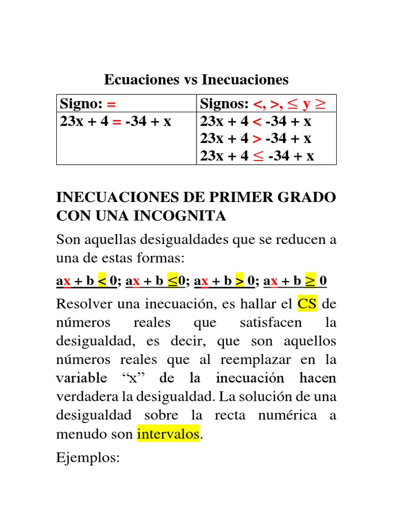 Inecuaciones de Primer Grado Con Una Incognita | PDF | Desigualdad (Matemáticas) | Relaciones ...
