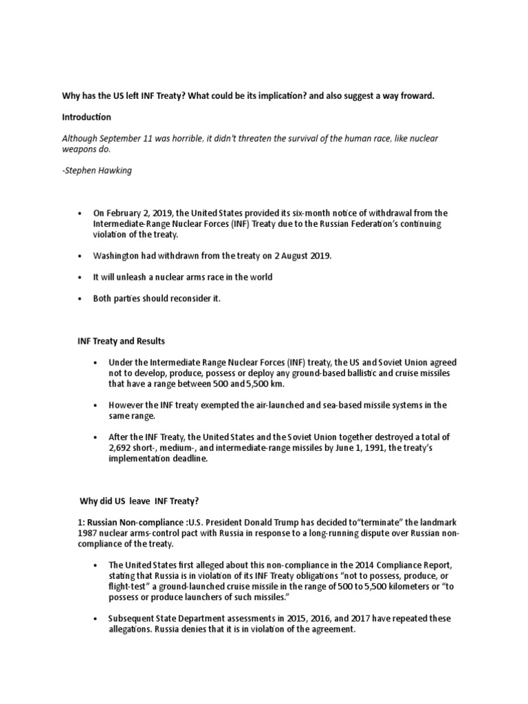 INF Treaty and Implications | PDF | Nuclear Weapons | Security