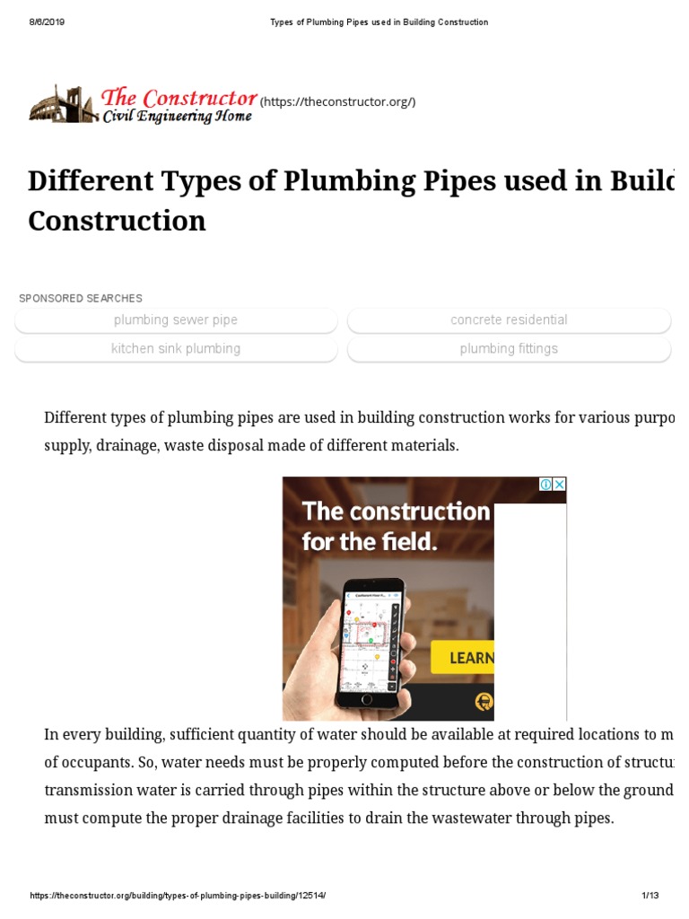 Types of Plumbing Pipes Used in Building Construction | PDF | Plumbing ...
