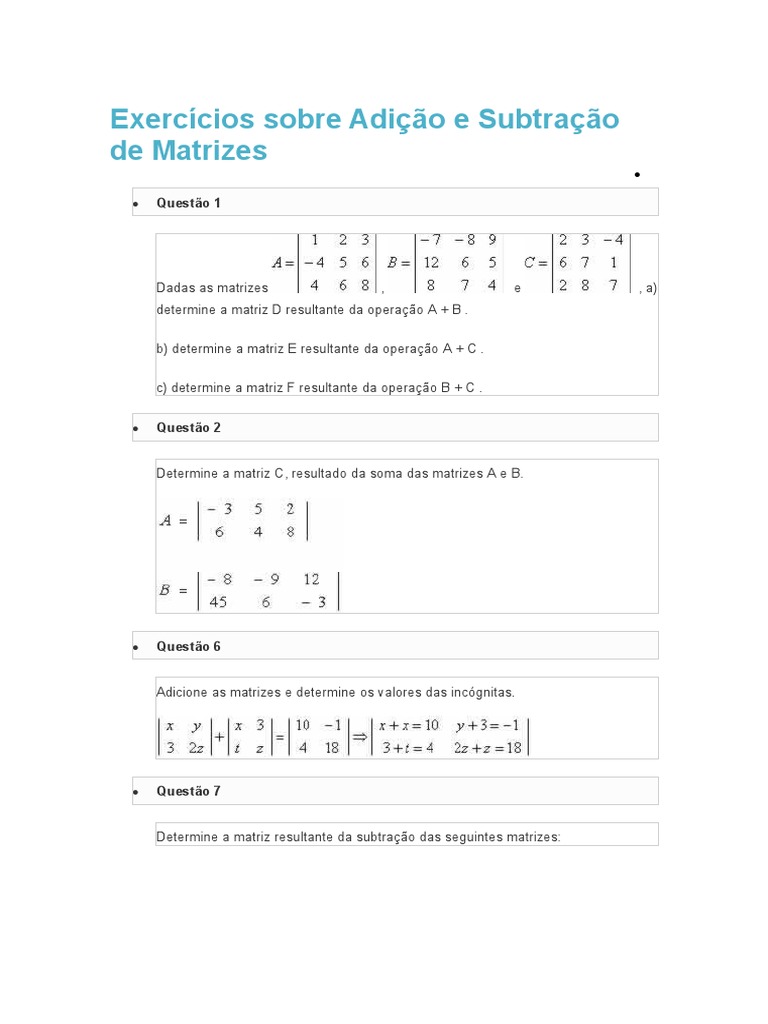Exercícios sobre Adição e Subtração de Matrizes atualizada.doc | PDF ...