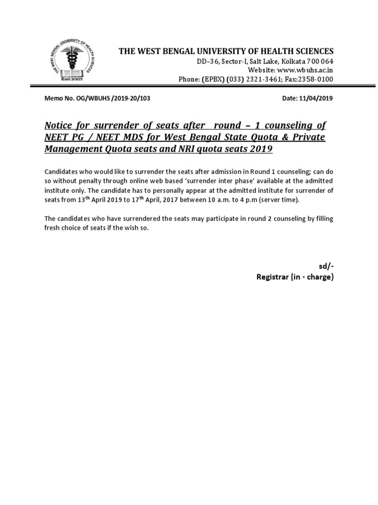 NEET PG/MDS Seat Surrender Notice | PDF