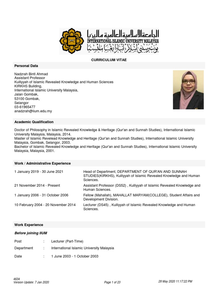 Curriculum Vitae Personal Data: Before Joining IIUM | PDF | Quran | Islam