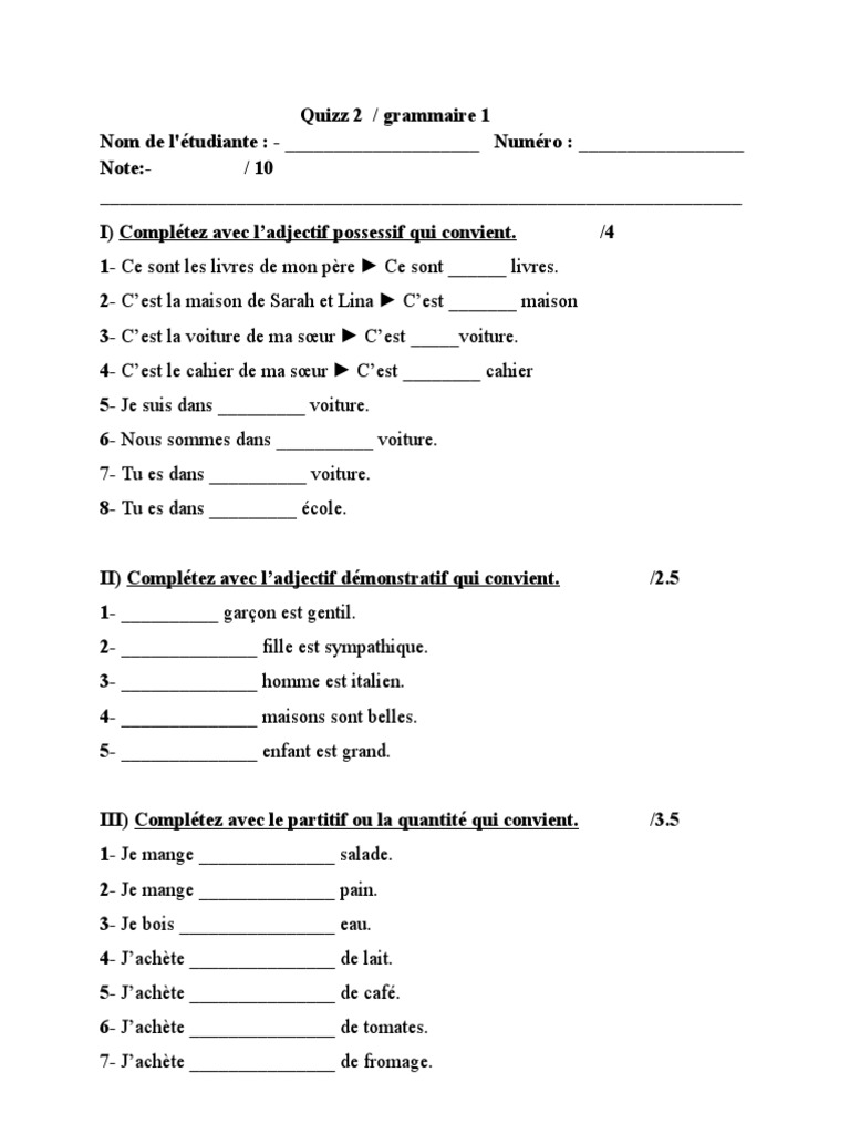 Quizz Grammaire: Adjectifs et Partitifs | PDF