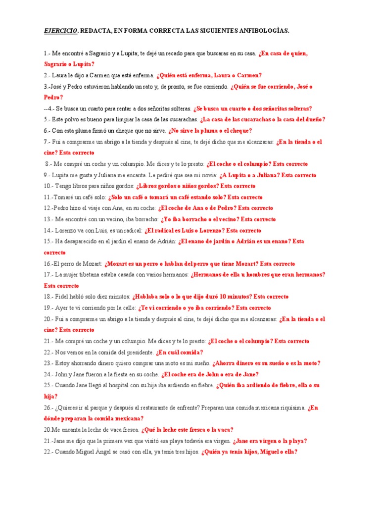 Anfibologìa Ejercicios. | PDF