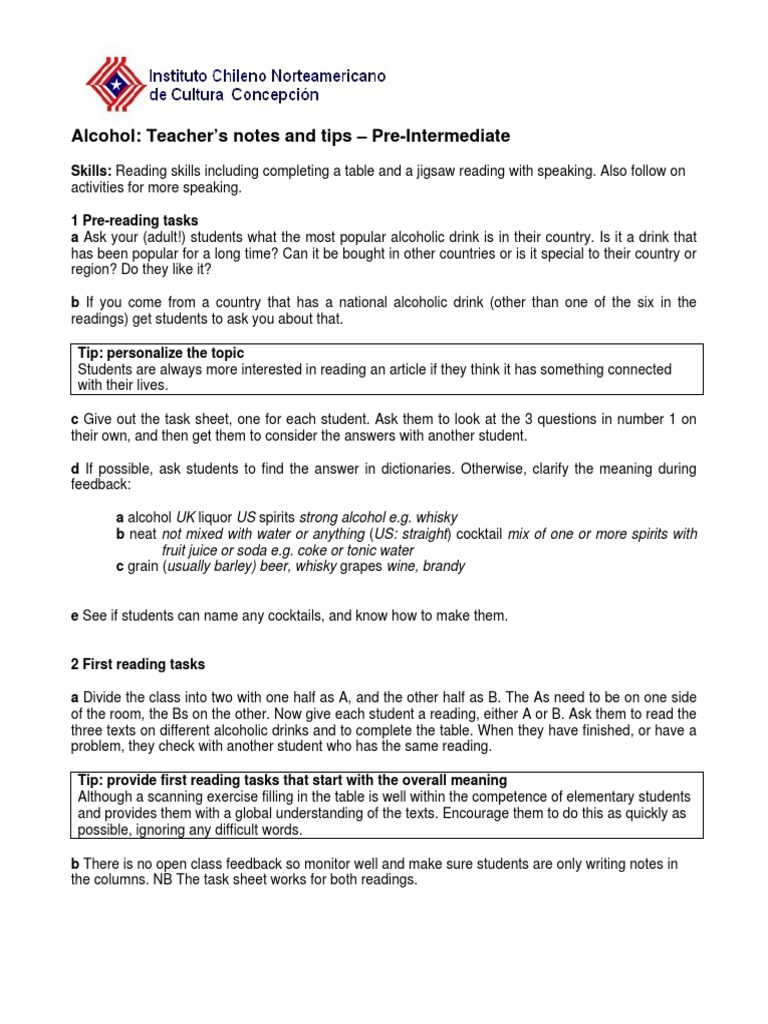 Alcohol: Teacher's Notes and Tips - Pre-Intermediate: Fruit Juice or ...