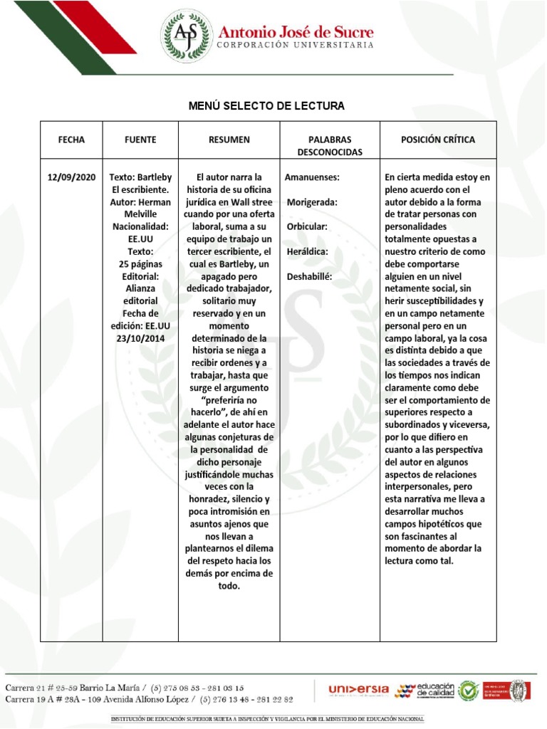 Formato Menú Selecto de Lectura | PDF | Bartleby, The Scrivener | Science