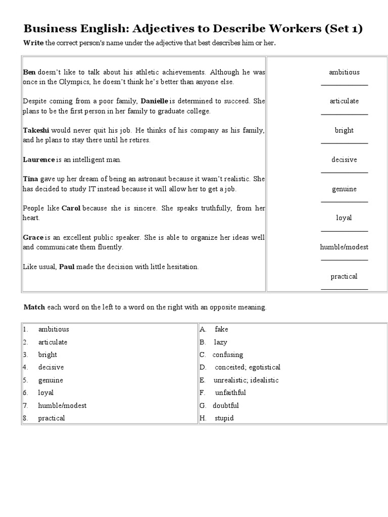 Business English: Adjectives To Describe Workers (Set 1) | PDF
