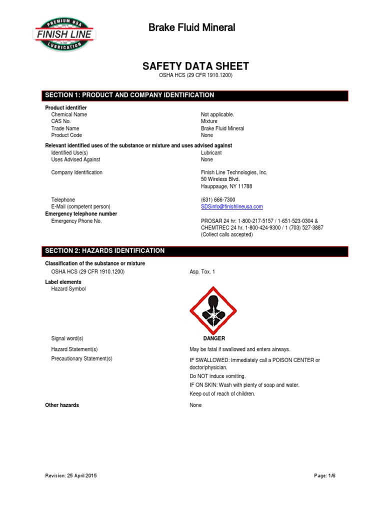 Mineral Brake Fluid Safety Data Sheet | PDF | Dangerous Goods | Toxicity