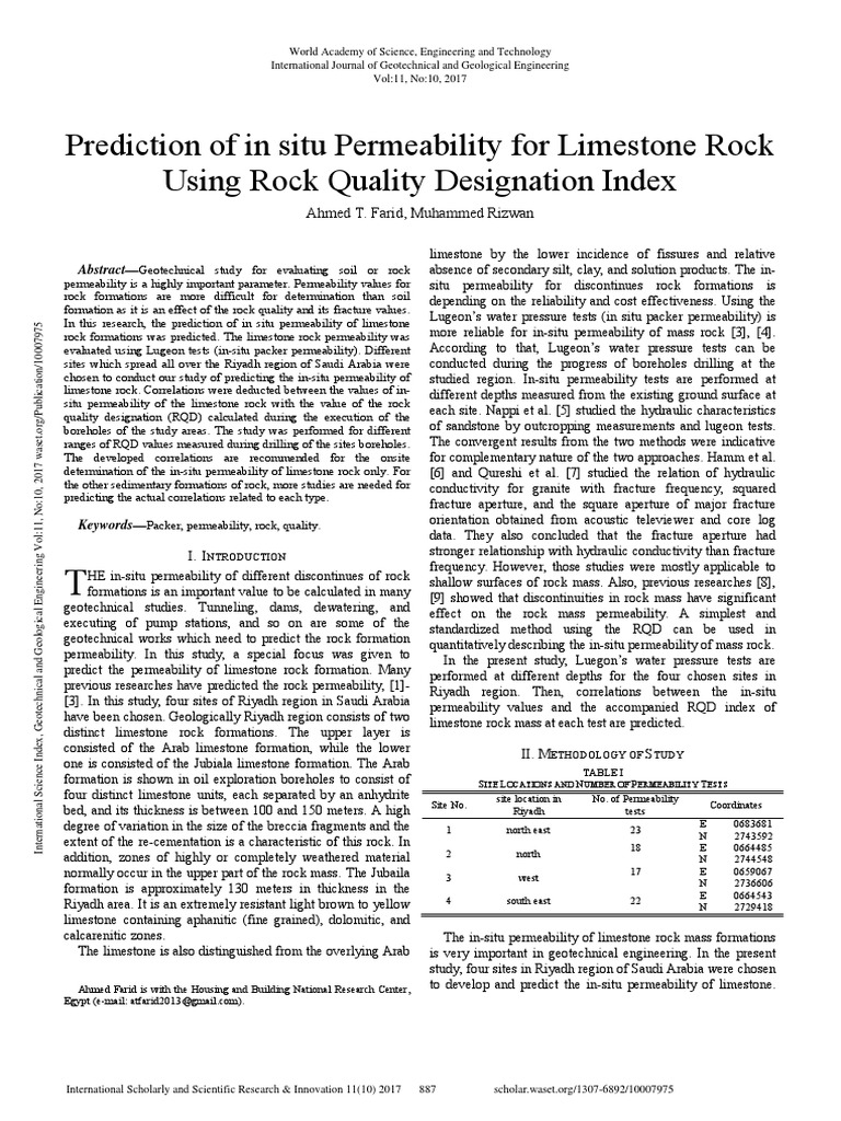 Prediction of in Situ Permeability For Limestone Rock Using Rock Quality Designation Index | PDF ...