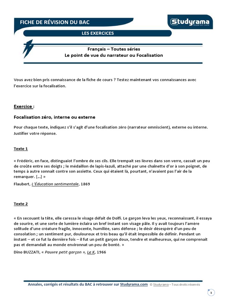 Fiche Francais Le Point de Vue Du Narrateur Ou Focalisation - Les ...