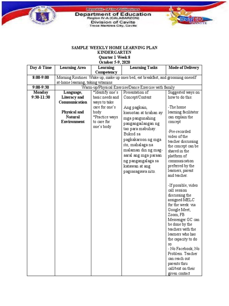 SAMPLE WEEKLY HOME LEARNING PLAN Editted | PDF | Behavior Modification ...