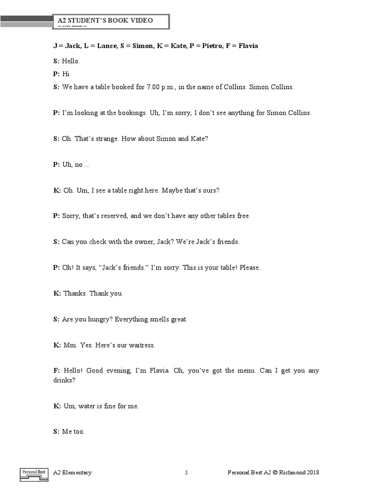 A2 Student'S Book Video Scripts: Drinks? | PDF | Cooking, Food & Wine