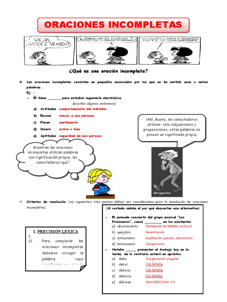 Oraciones Incompletas Ejercicios | PDF | Oración (Lingüística)