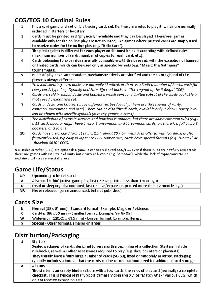 CCG/TCG 10 Cardinal Rules: UP A D NR | PDF | Gaming | Leisure Activities