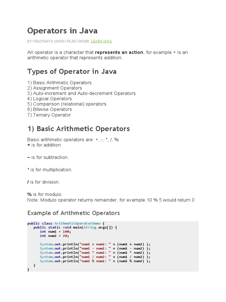Operators in Java | PDF | Arithmetic | Theoretical Computer Science