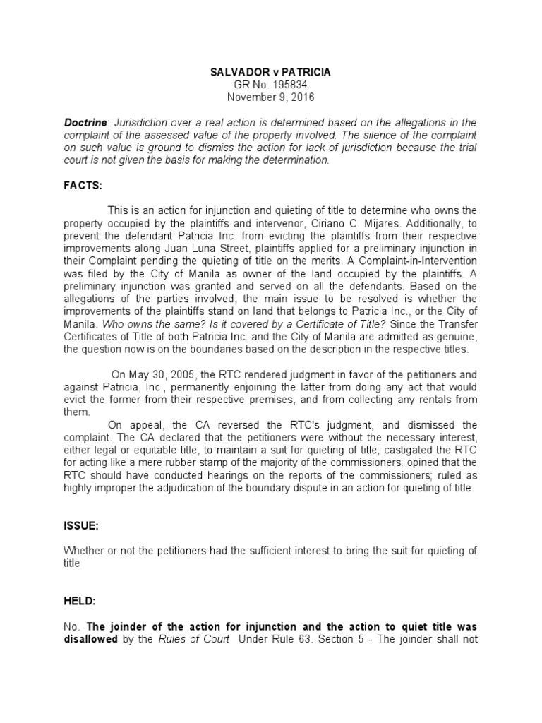 Jurisdiction in Quieting Title Case | PDF | Title (Property) | Lawsuit