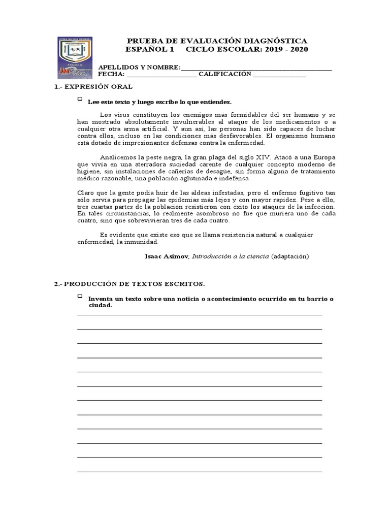 Prueba de Evaluación Diagnóstica Español 1 | PDF | Sintaxis | Lingüística