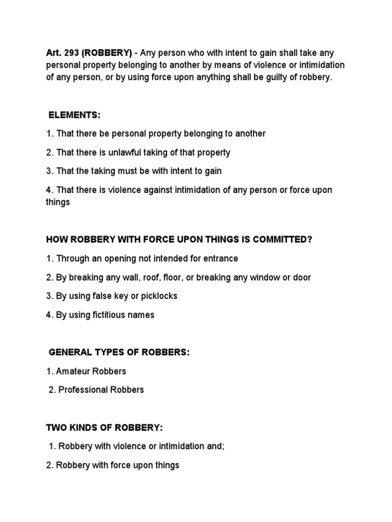 Elements and Types of Robbery under Art. 293 of the Revised Penal Code ...