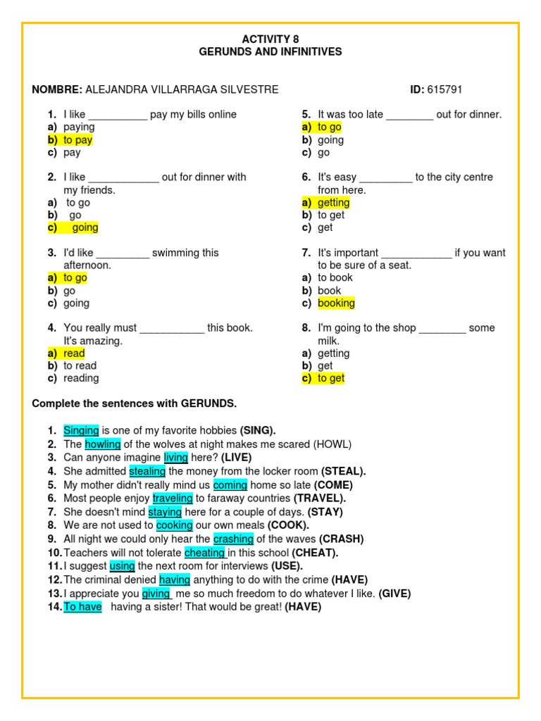 Activity 8 Gerunds and Infinitives | PDF | Language Mechanics | Syntax