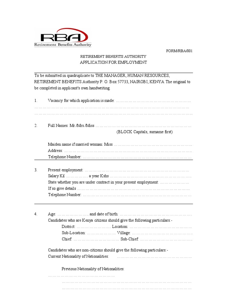 FORM/RBA/001 Retirement Benefits Authority | PDF | Husband | Virtue