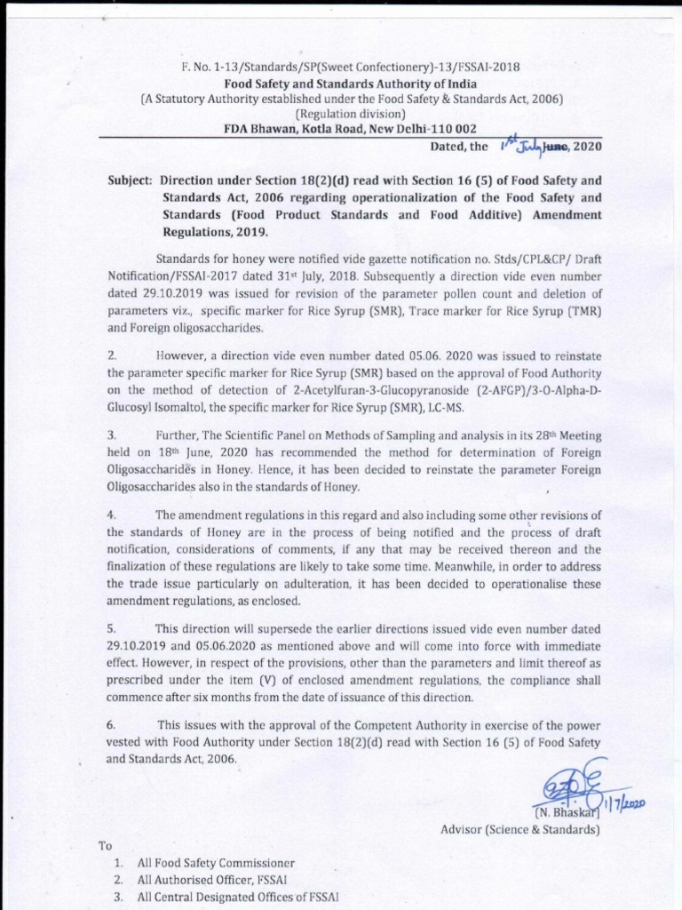 FSSAI Operationalises The Revised Standards For Honey 2-7-2020 PDF | PDF