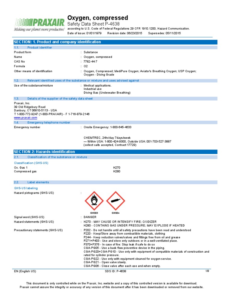 Safety Data Sheet for Oxygen, Compressed: Hazards and Emergency ...