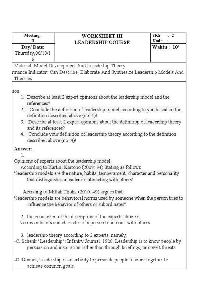 Worksheet Iii Leadership Course Day/ Date: Waktu: 10': Meeting: 3 SKS ...