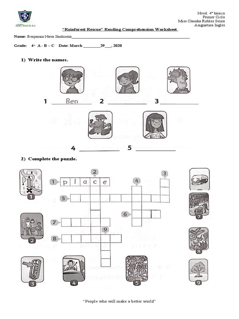 1) Write The Names.: "Rainforest Rescue" Reading Comprehension ...