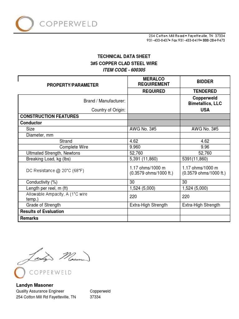 Copper Clad Steel Wire Technical Data | PDF | Wire | Manufactured Goods