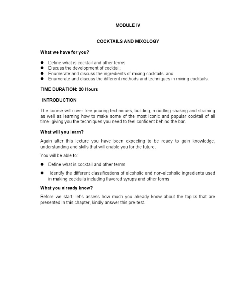 BAR-MANAGEMENT-MODULE 4 To 6 | PDF | Martini (Cocktail) | Cocktails