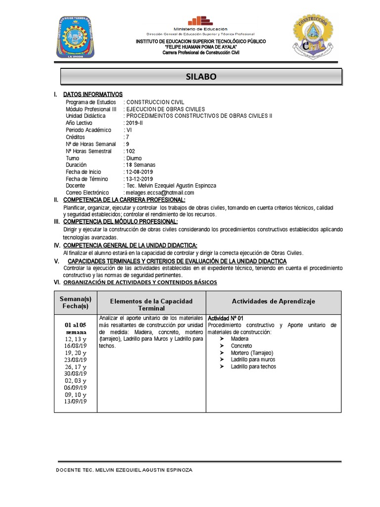 Silabo de Proc. Const. de Obras Civiles Ii | PDF | Evaluación | Modificación de comportamiento