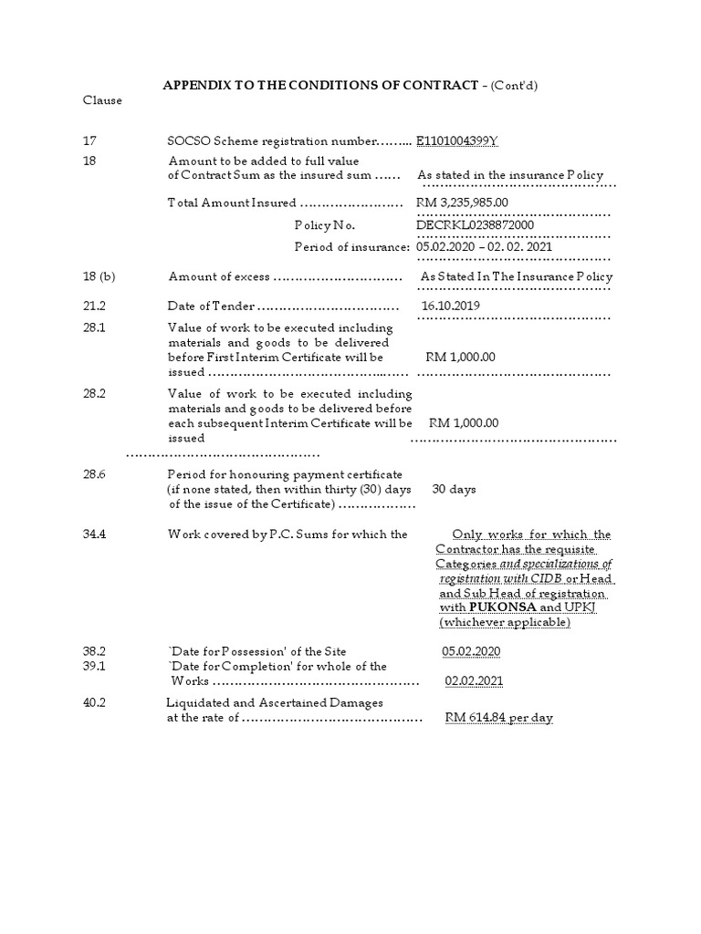 Contract Appendix: Insurance & Payment Details | PDF | Contract Law ...