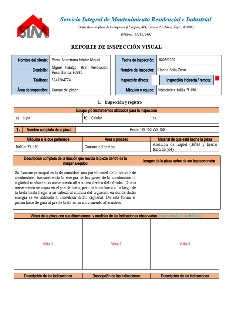 E1 - Formato para Reporte de INSPECCIÓN VISUAL | PDF | Pistón | Máquinas rotativas