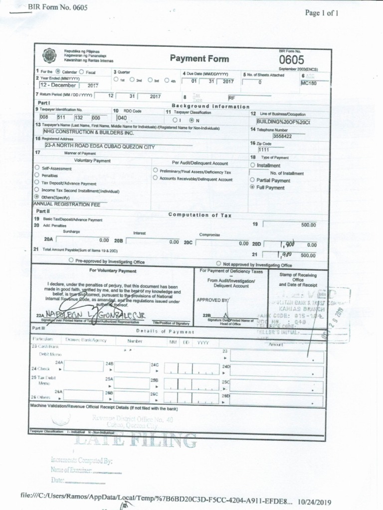 BIR Form 0605 - 2017 | PDF