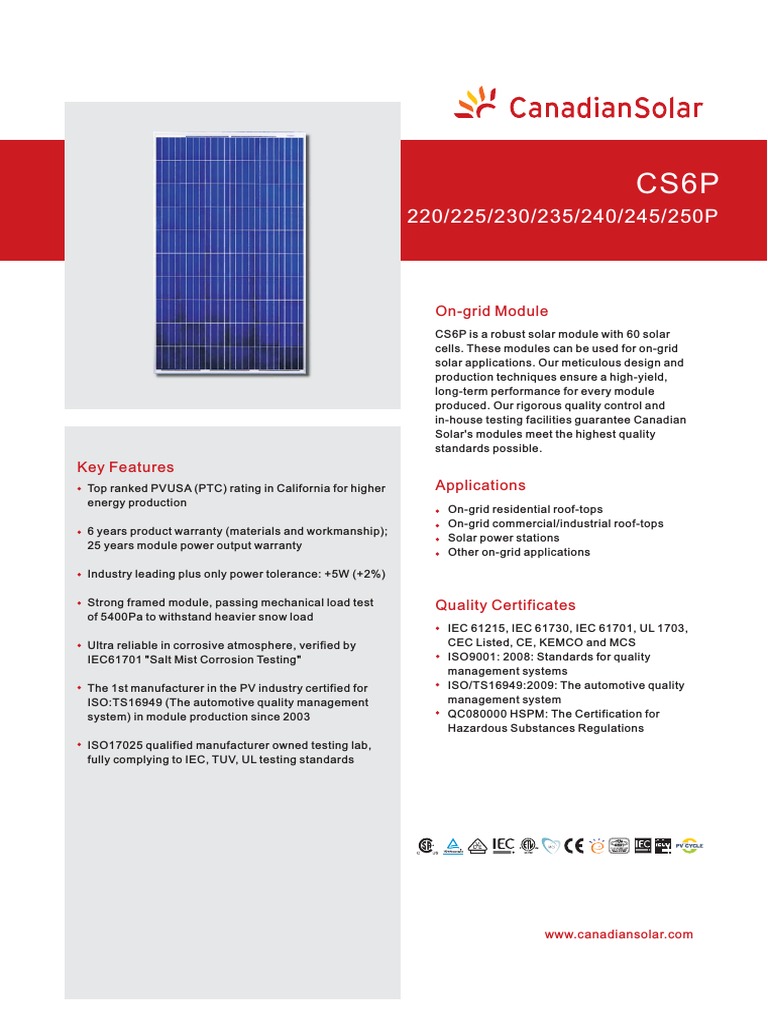 Panel Csi-Cs6p-220-250 PDF | PDF | Solar Panel | Electrical Engineering