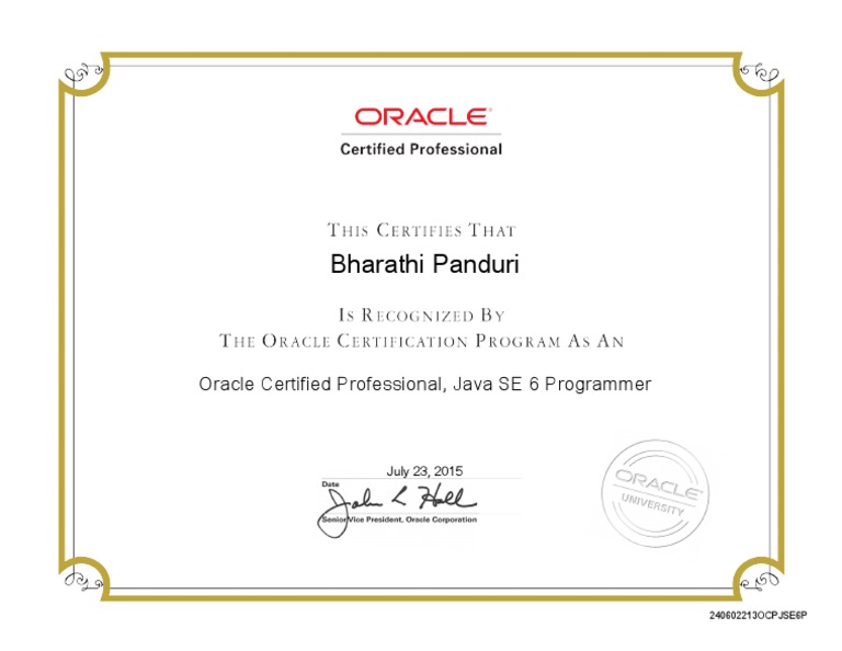 Bharathi Panduri: Oracle Certified Professional, Java SE 6 Programmer | PDF