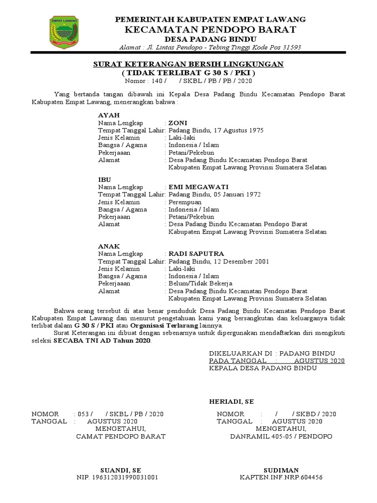 Contoh Surat Keterangan Bersih Diri | PDF