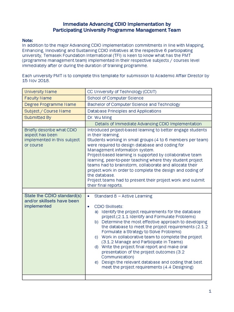 Immediate Advancing CDIO Implementation by Participating University ...