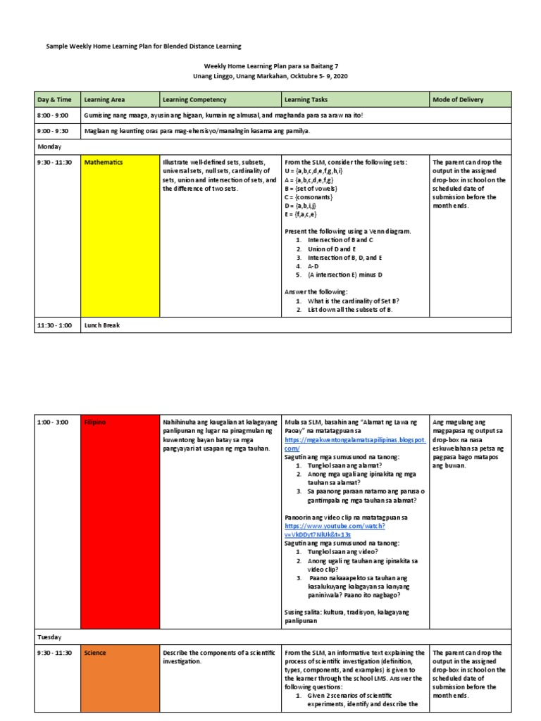 Sample Weekly Home Learning Plan For Modular Distance Learning | PDF