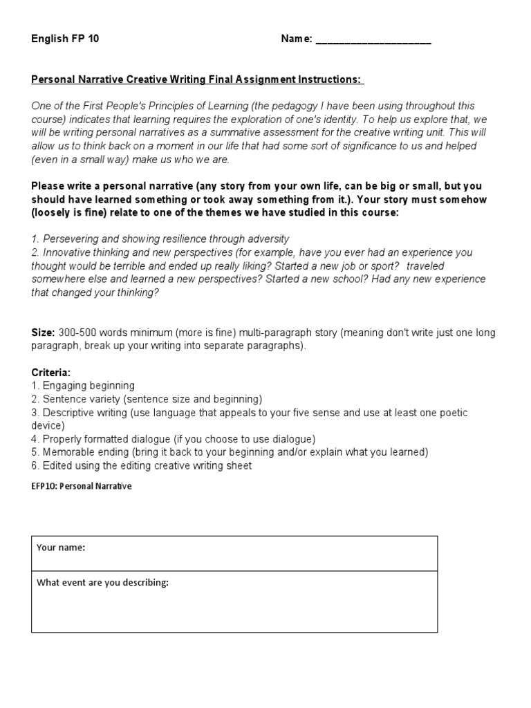 Personal Narrative Assignment Outline and Rubric | Download Free PDF ...