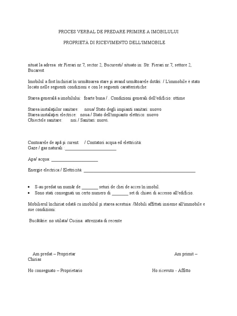 Proces Verbal de Predare Primire A Imobilului | PDF